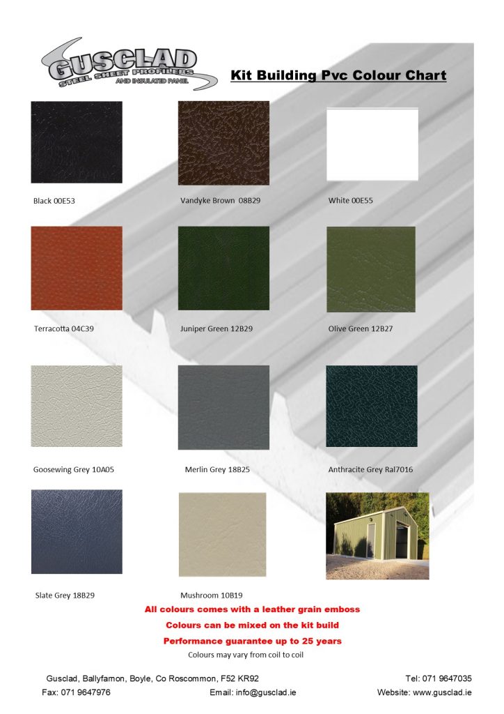 Gusclad Colours chart for PVC Finish products and some polly